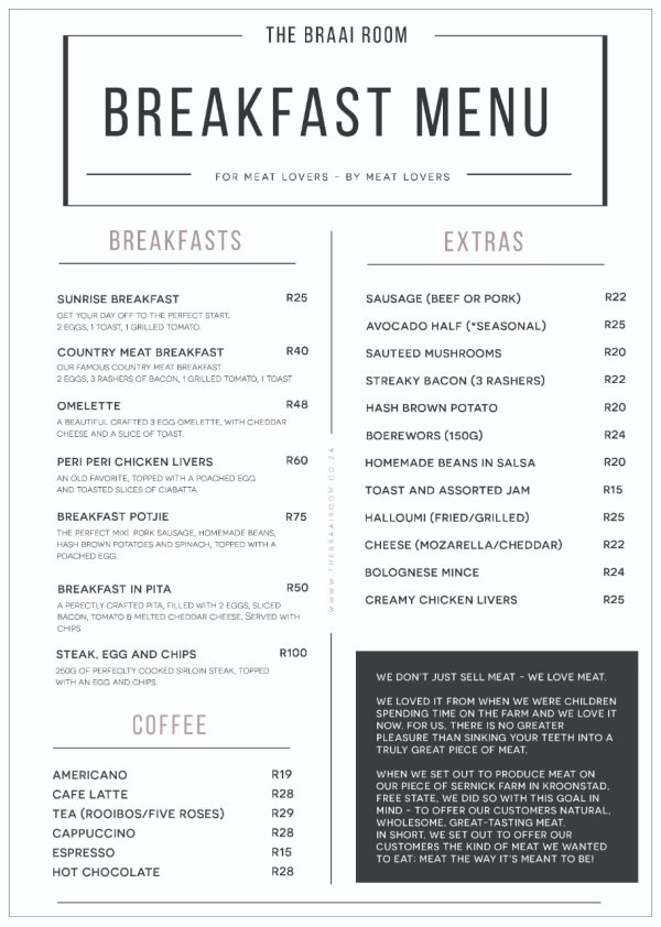 Breakfast Menu – Little Falls – Braai Room