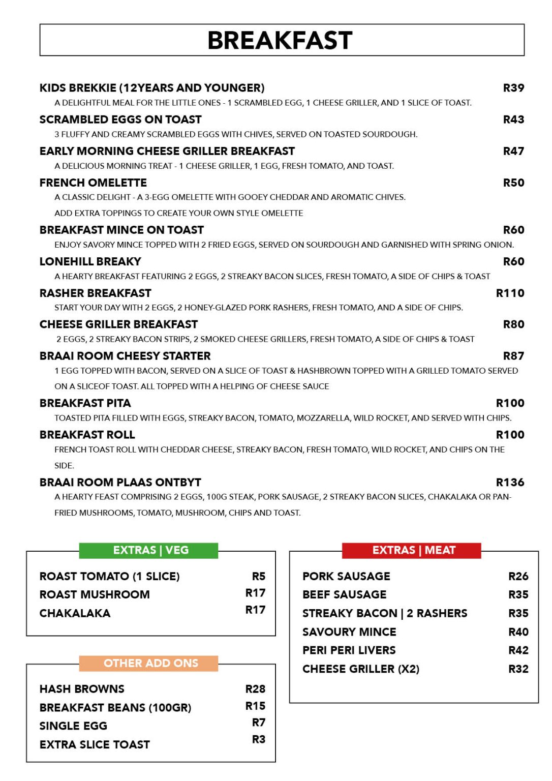 LONEHILL Menu – Braai Room