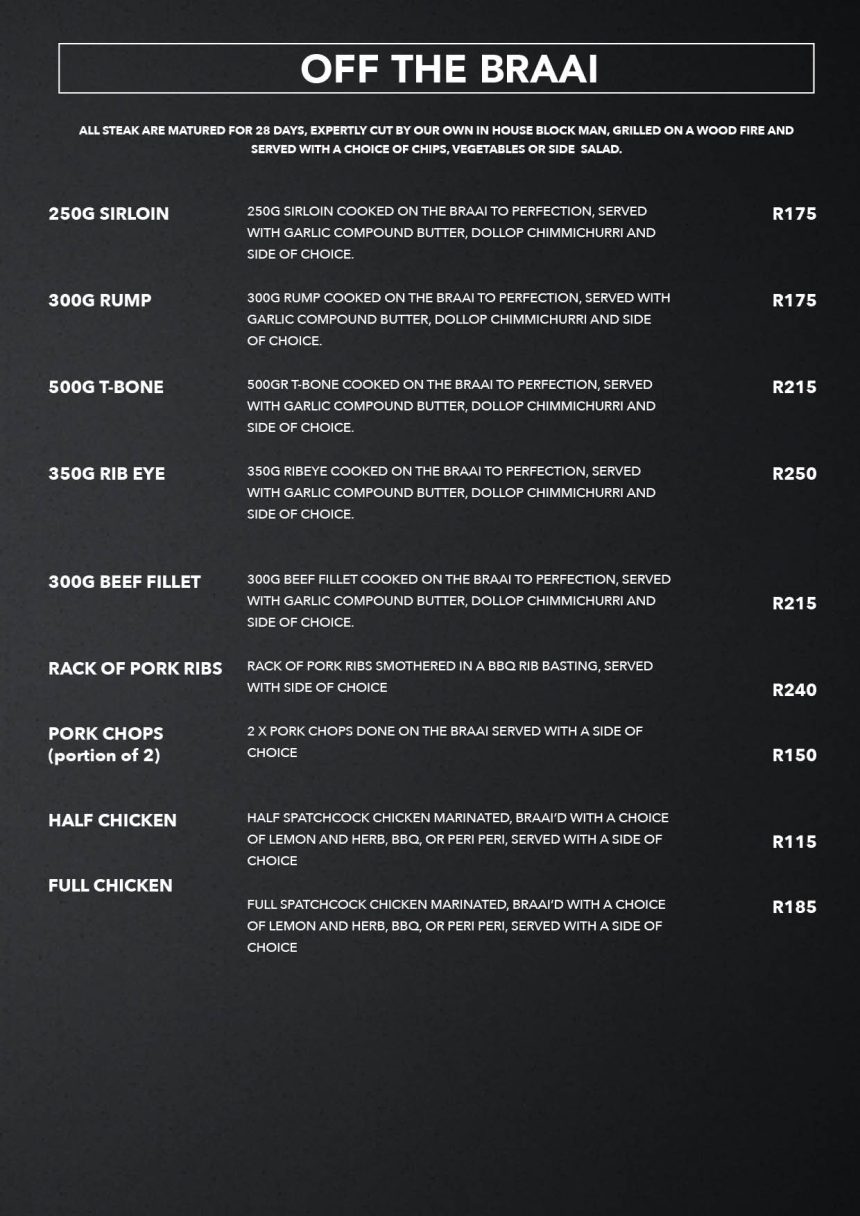 LONEHILL Menu – Braai Room